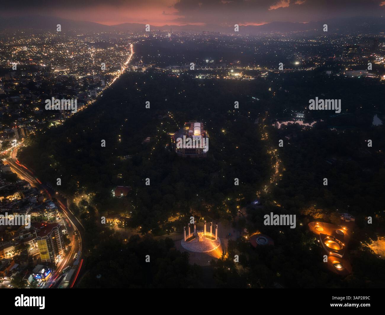 Aerial view of Chapultepec Park with Castillo de Chapultepec and city ...