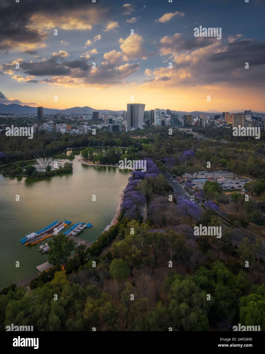 Aerial view of Chapultepec Park and Lake in sunset with skyscrapers and ...