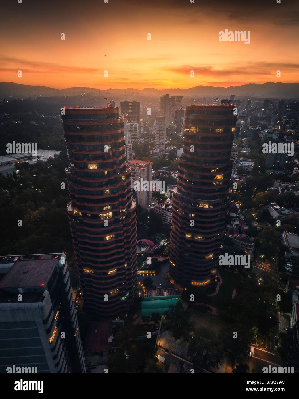 Aerial drone view of skyscrapers in Polanco, Mexico City at sunset ...