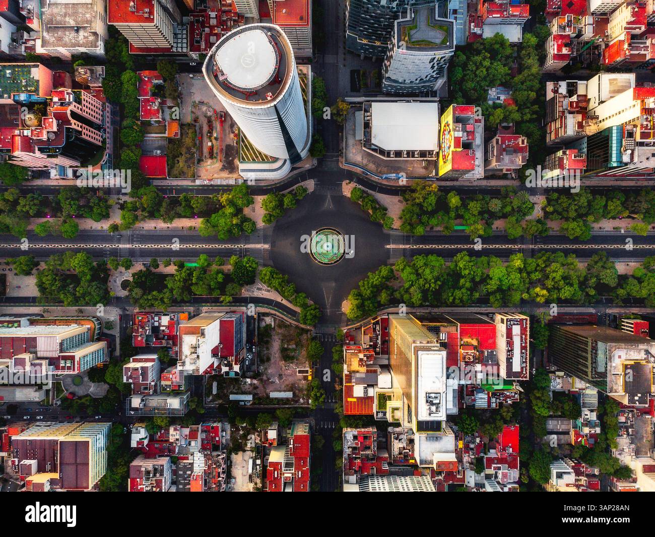 Aerial drone view of Fuente de la Diana and surrounding skyscrapers at ...