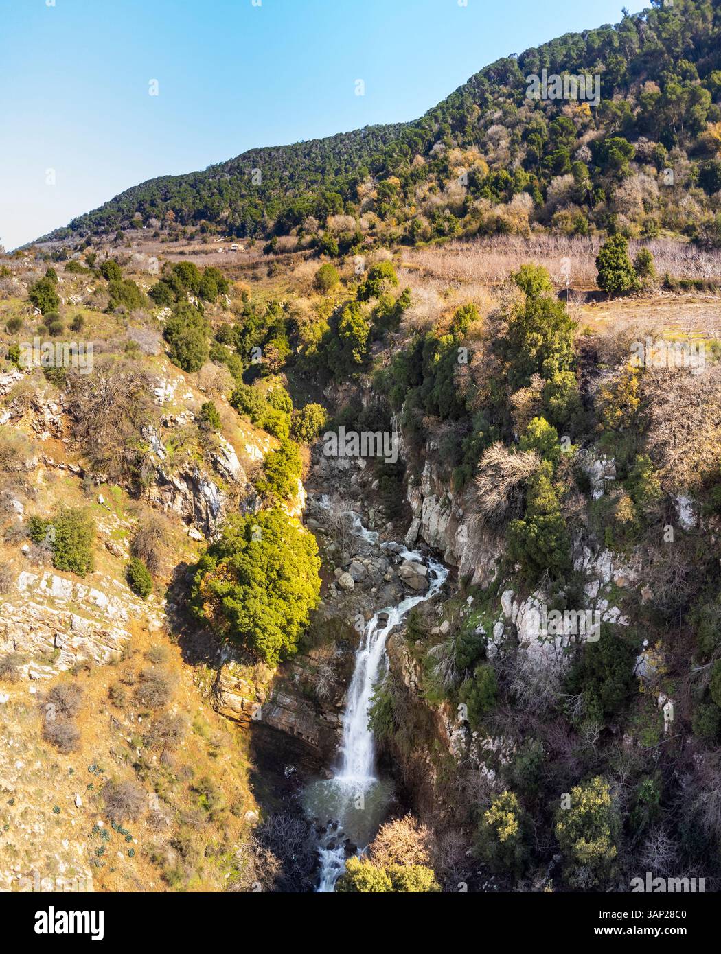Aerial view of a waterfall in thicket landscape, Golan Heights, Israel ...
