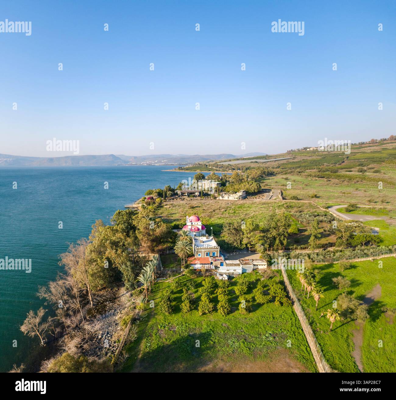 Aerial view of Capernaum Synagogue along the Jordan River, Sea of ...
