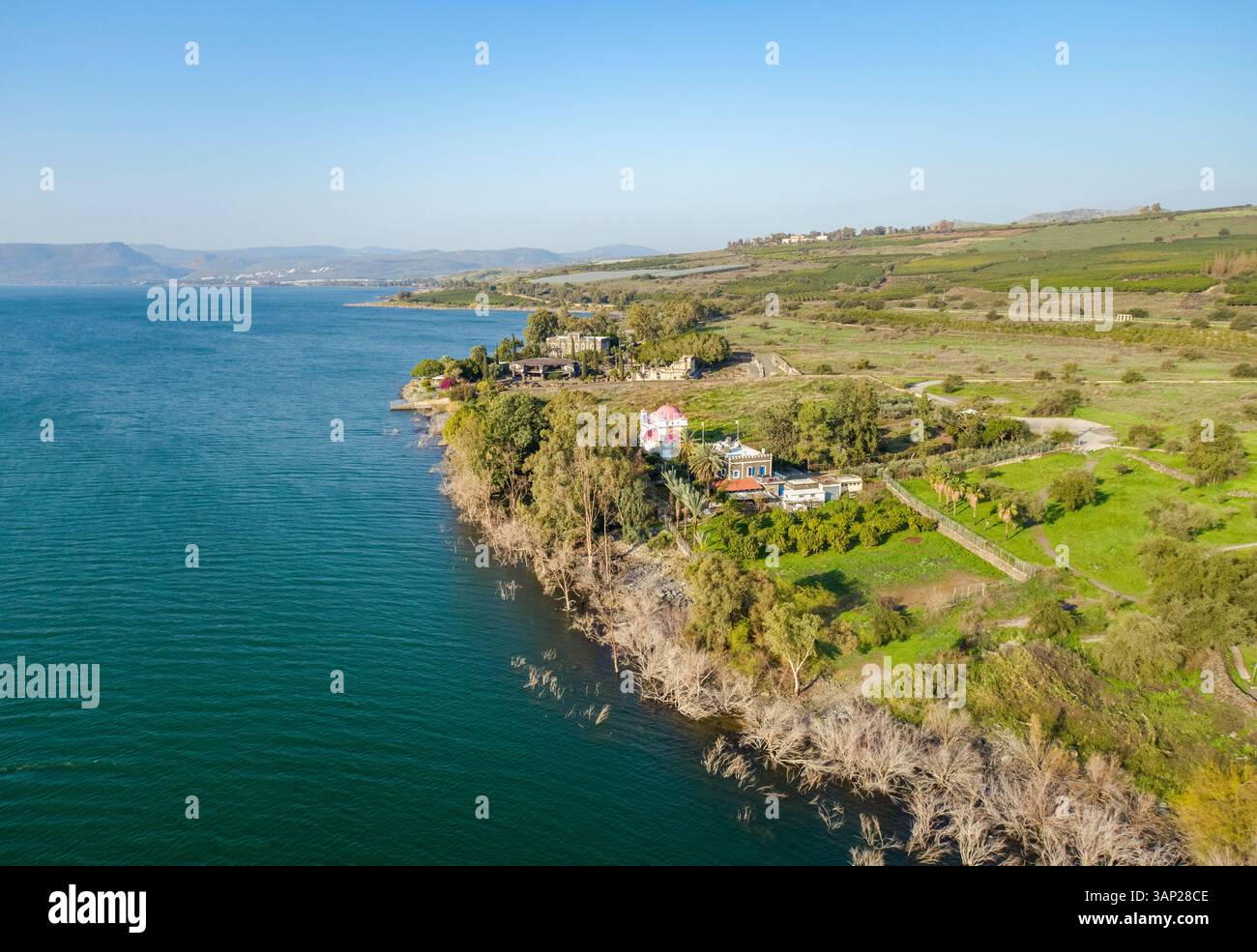 Aerial view of Capernaum Synagogue and the Greek Orthodox monastery ...