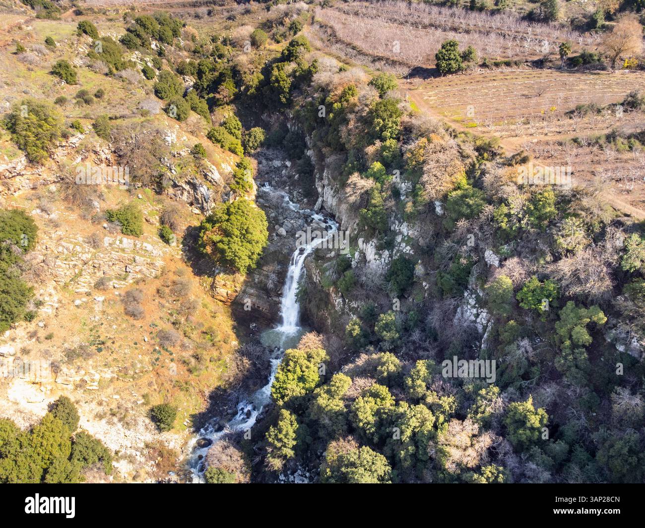 Aerial view of a waterfall in thicket landscape, Golan Heights, Israel ...