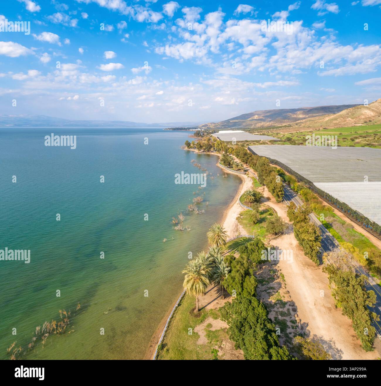 Panoramic aerial view of Jordan river at sunset, Sea of Galilee ...