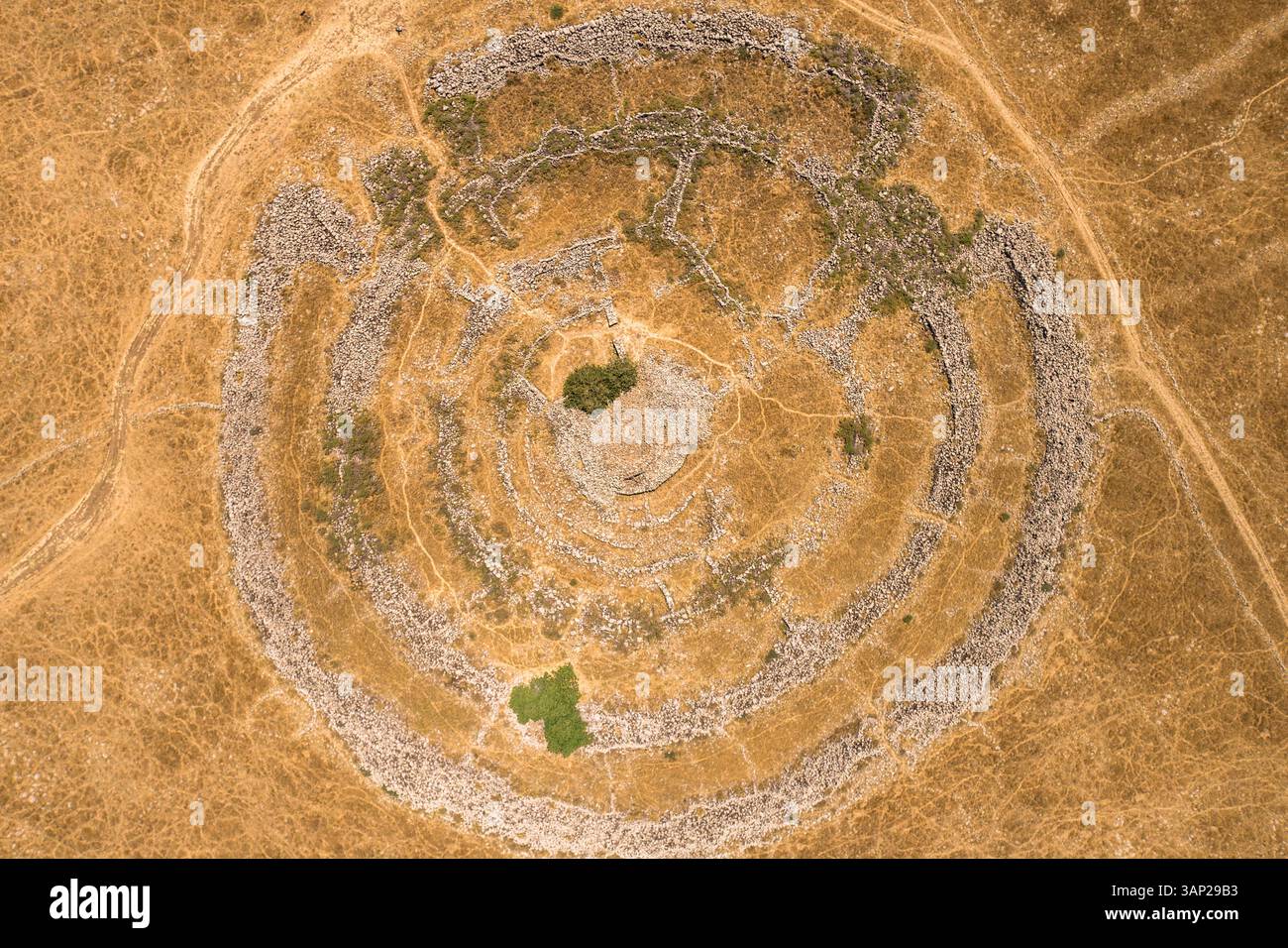 Aerial view of ancient megalithic monument site in the shape of 3 ...