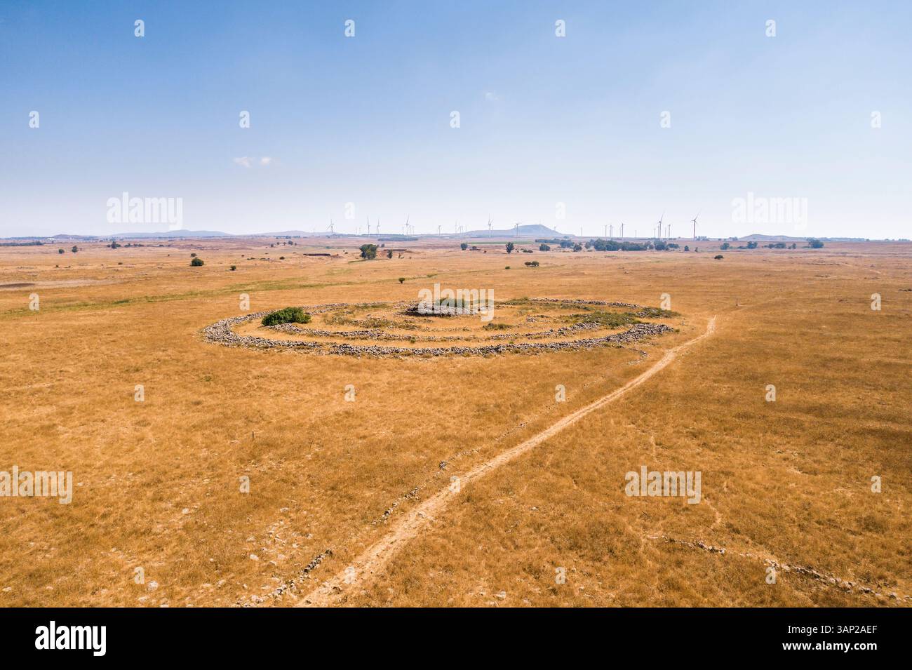 Aerial view of ancient megalithic monument site in the shape of 3 ...