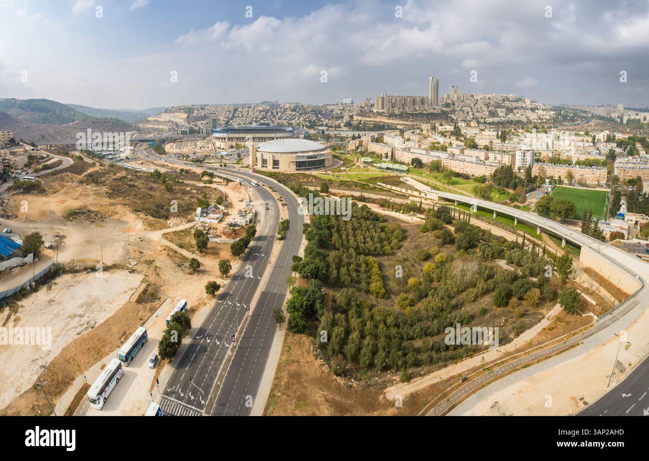 Aerial view of a highway leading to a shopping center, Jerusalem ...
