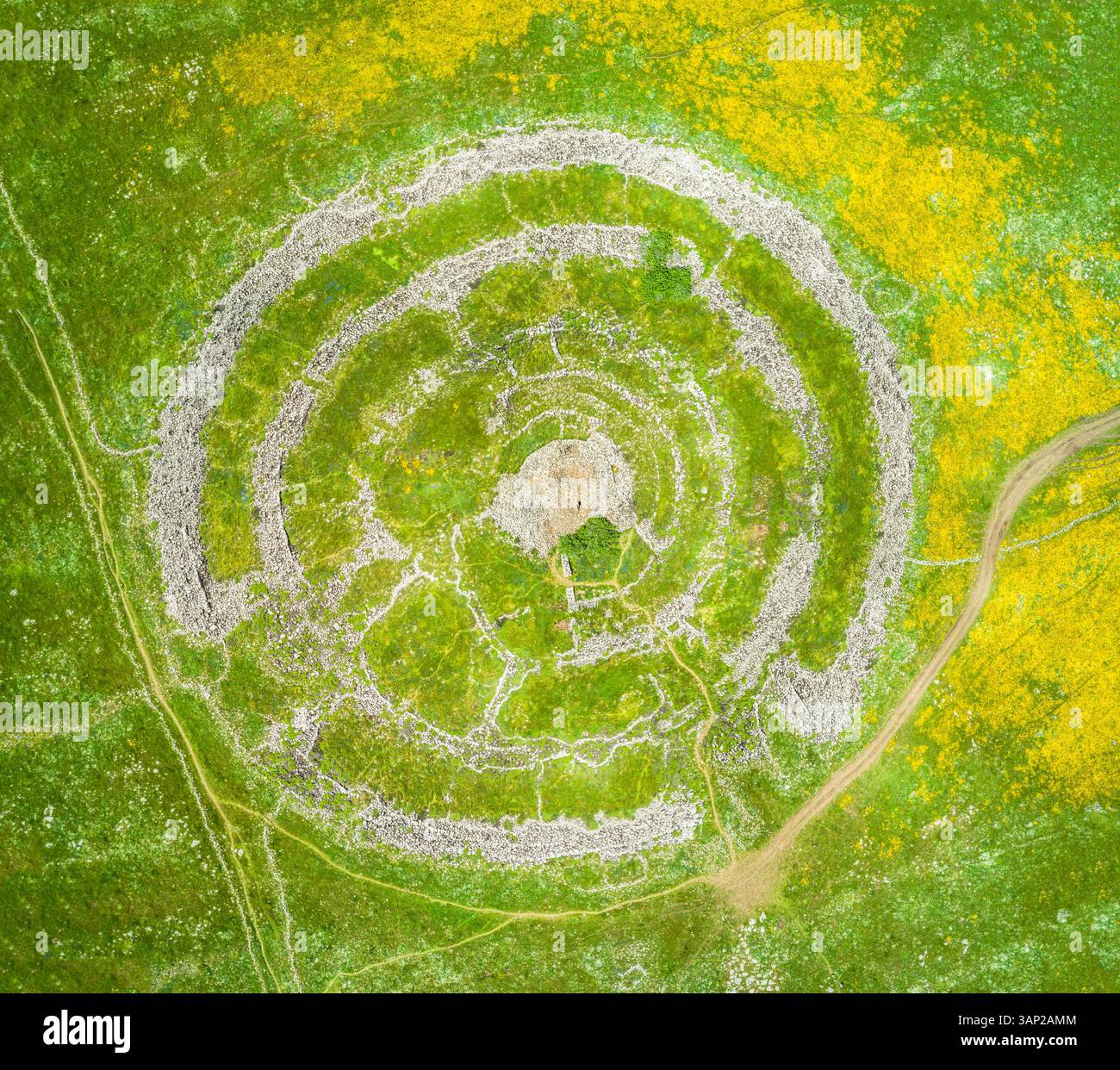 Aerial view of ancient megalithic monument in the shape of concentric ...