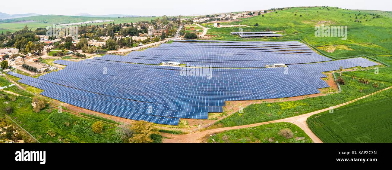 Aerial view of solar panels on a hill side, Beit HaShita, Israel Stock ...