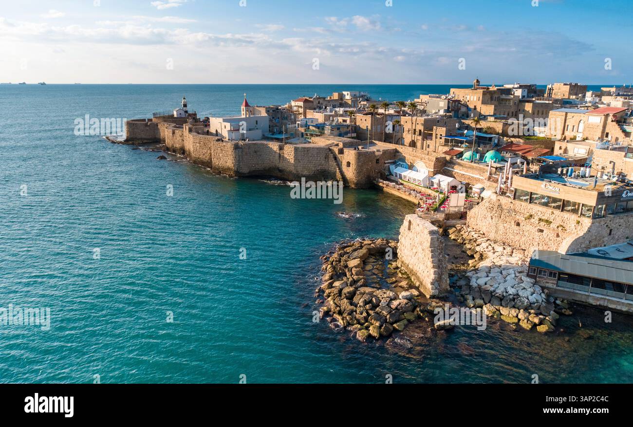 Aerial View of old medieval port and lagoon in Acre, Northern District ...