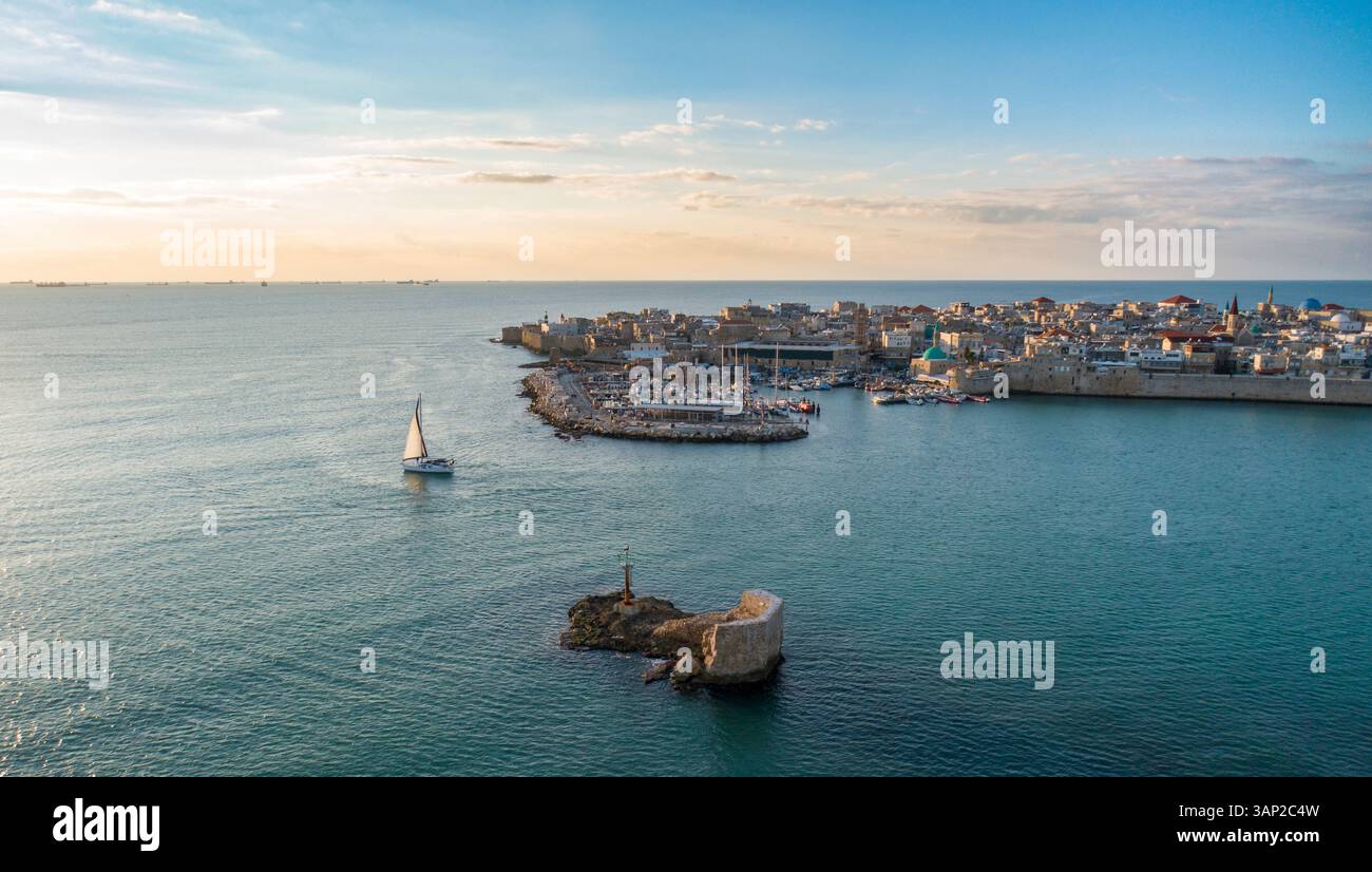 Aerial View of old medieval port and lagoon in Acre, Northern District ...