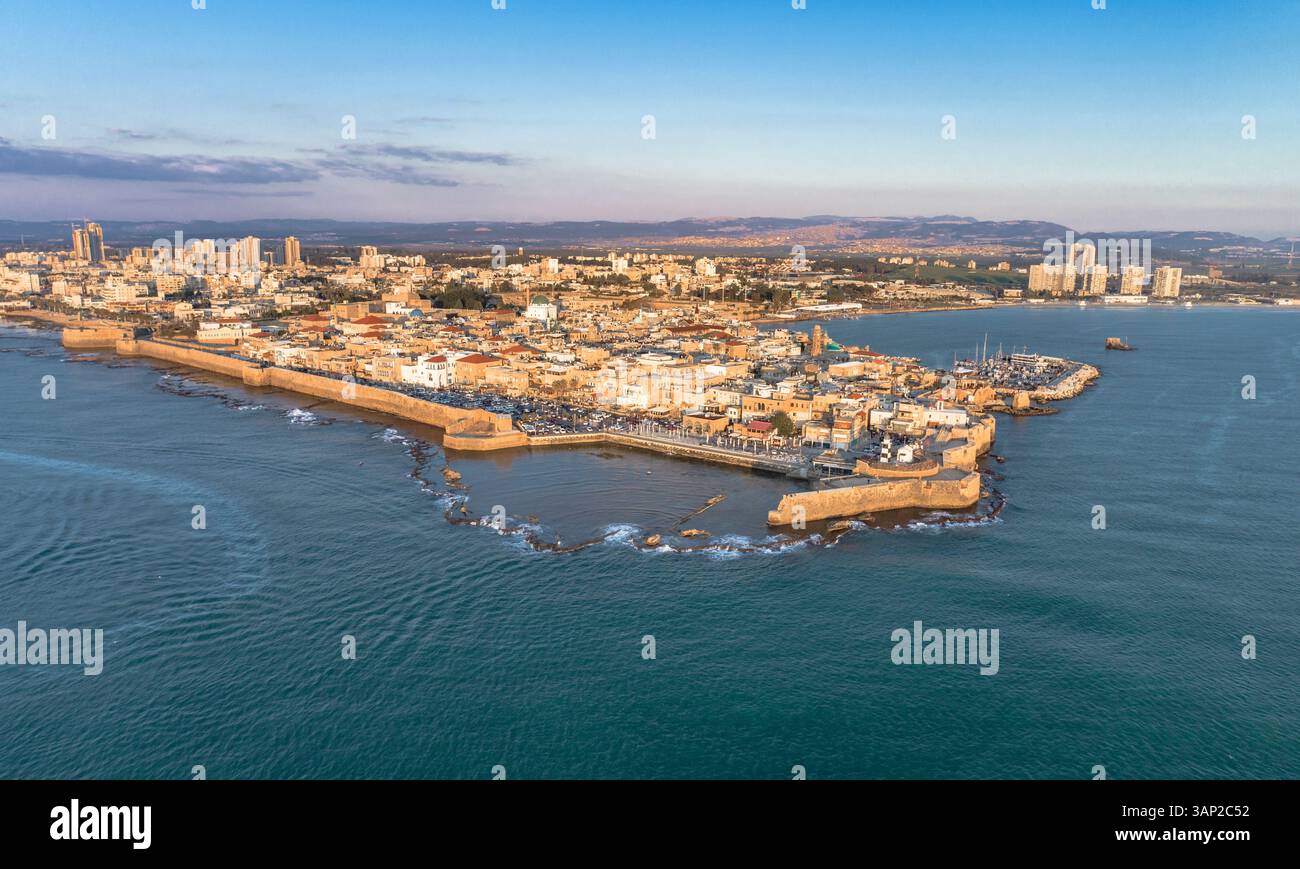 Aerial View of old medieval port and lagoon in Acre, Northern District ...