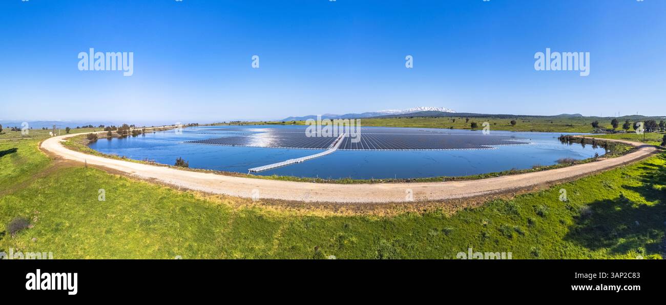 Panoramic aerial view of a water reservoir covered with floating solar ...