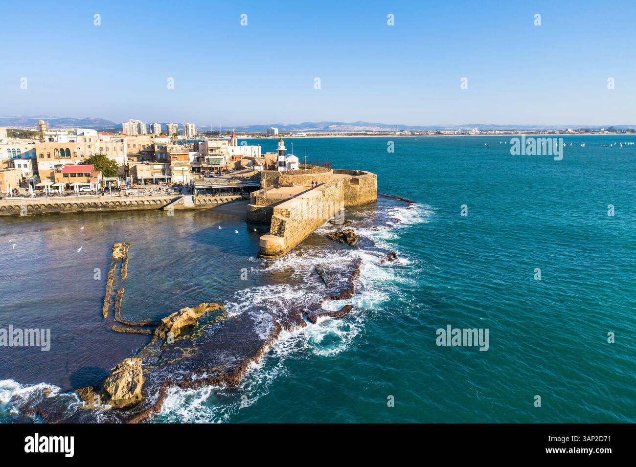 Aerial View of old medieval port and lagoon in Acre, Northern District ...