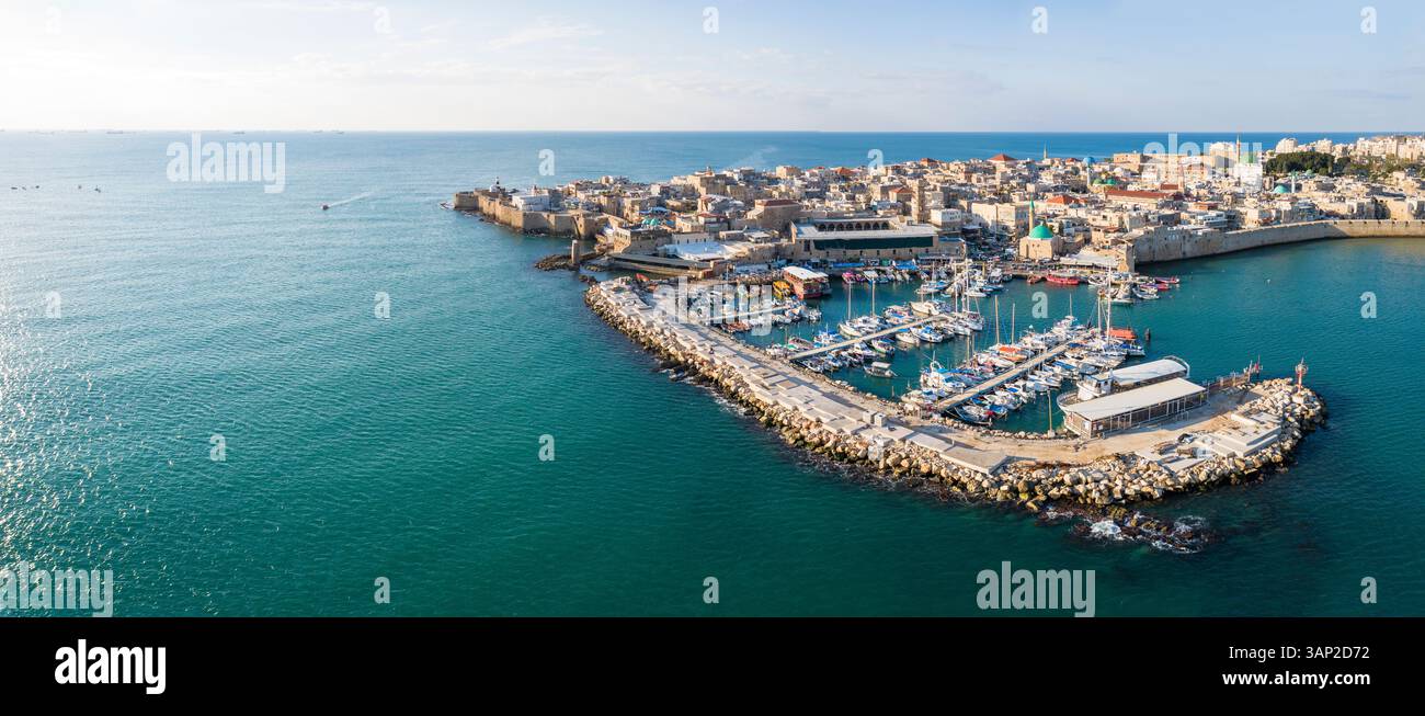 Aerial View of old medieval port and lagoon in Acre, Northern District ...