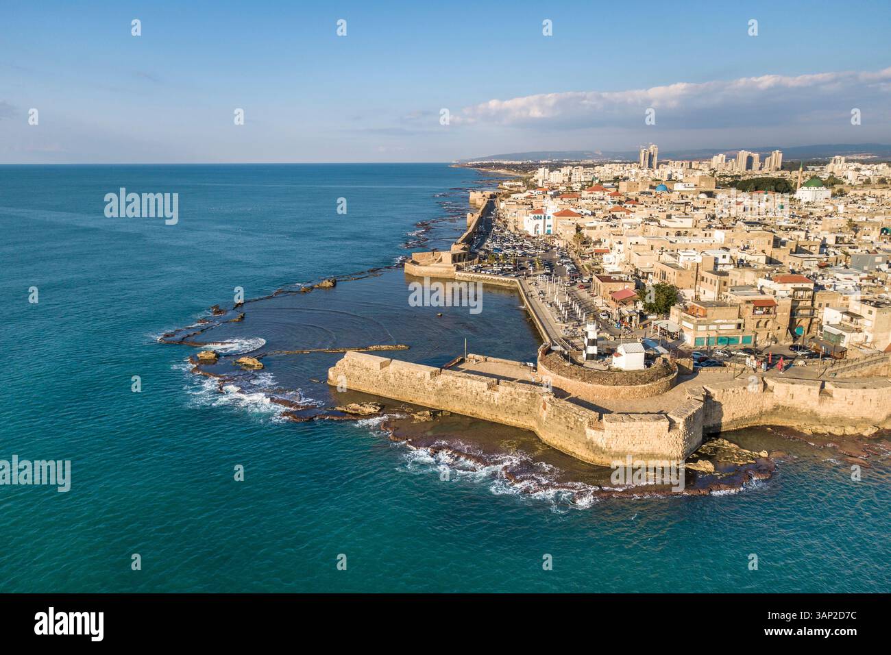 Aerial View of old medieval port and lagoon in Acre, Northern District ...