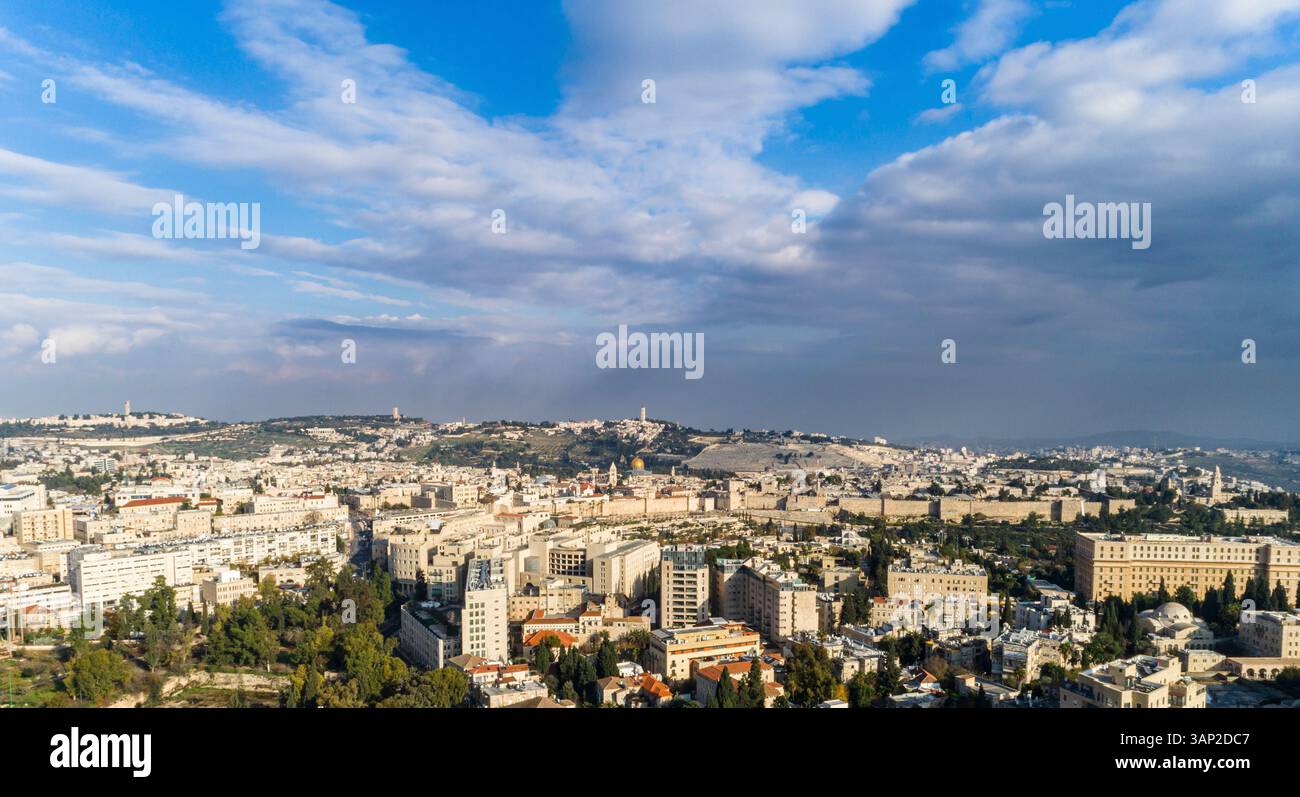 Aerial view of Jerusalem city and the old city of Jerusalem with the ...