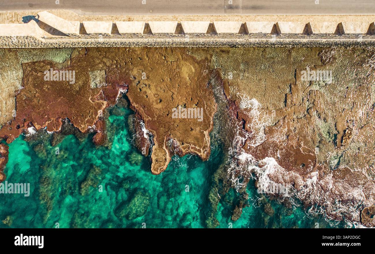Aerial view of old acre city walls and defence from the sea point of ...