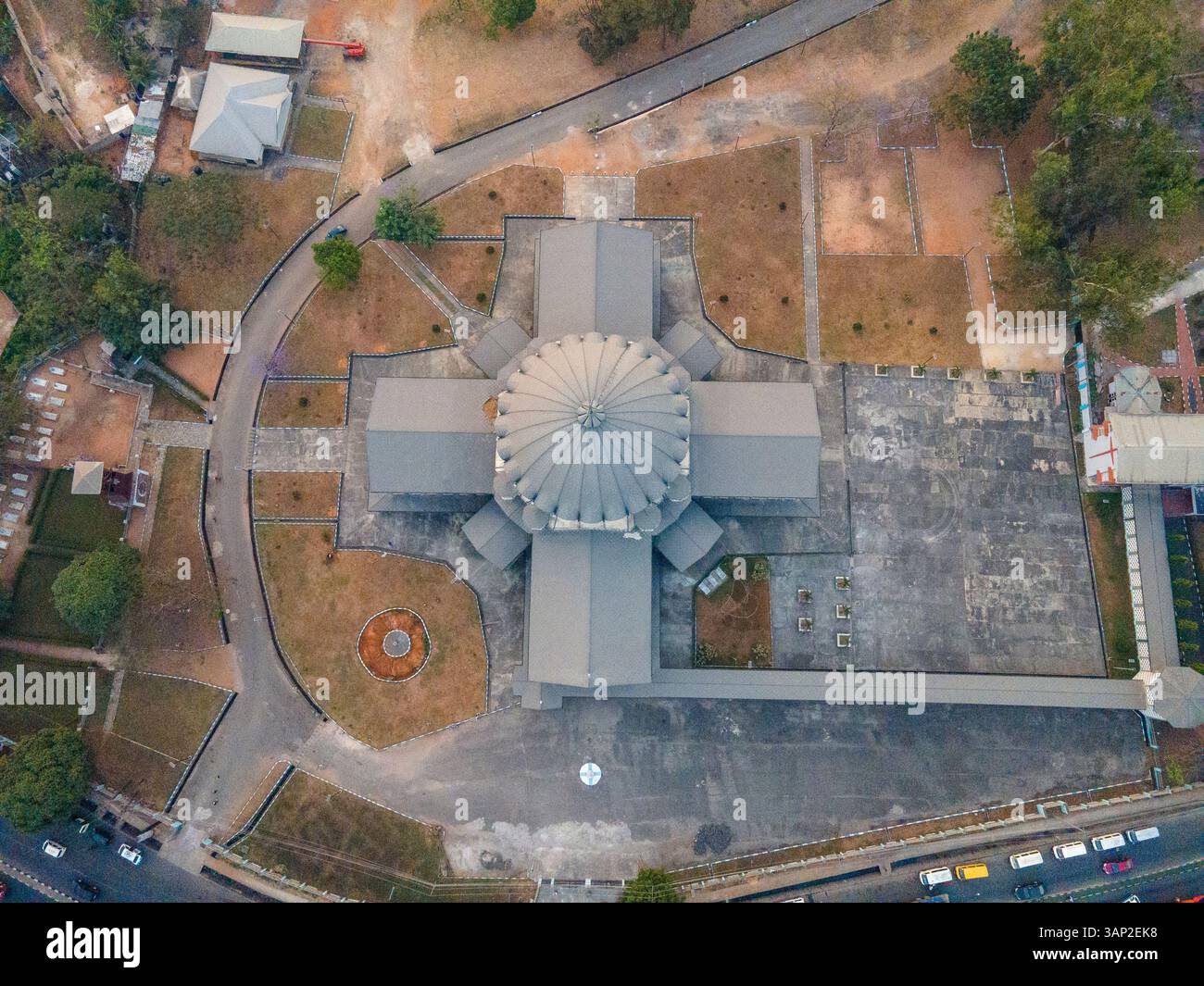 Aerial view of urban landscape featuring modern buildings, a dome ...
