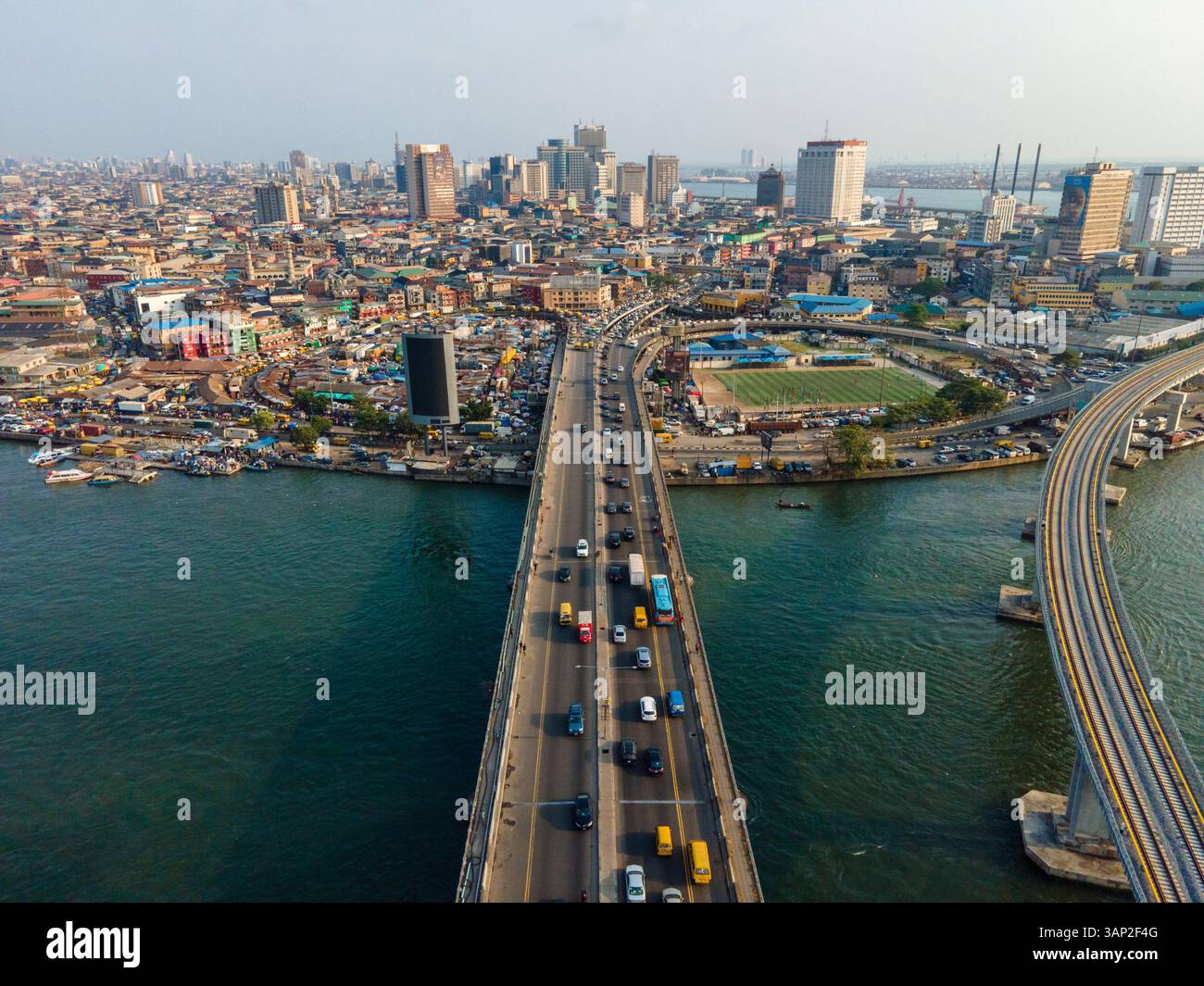 Aerial view of bustling downtown skyline with bridge and water, Iddo, Lagos, Nigeria Stock Photo ...