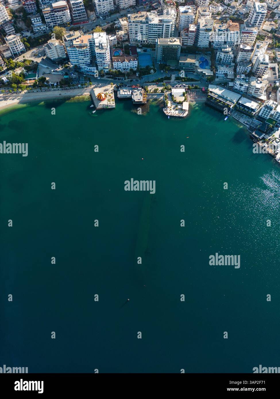 Aerial view of the ss probitas shipwreck along the vibrant coastline ...