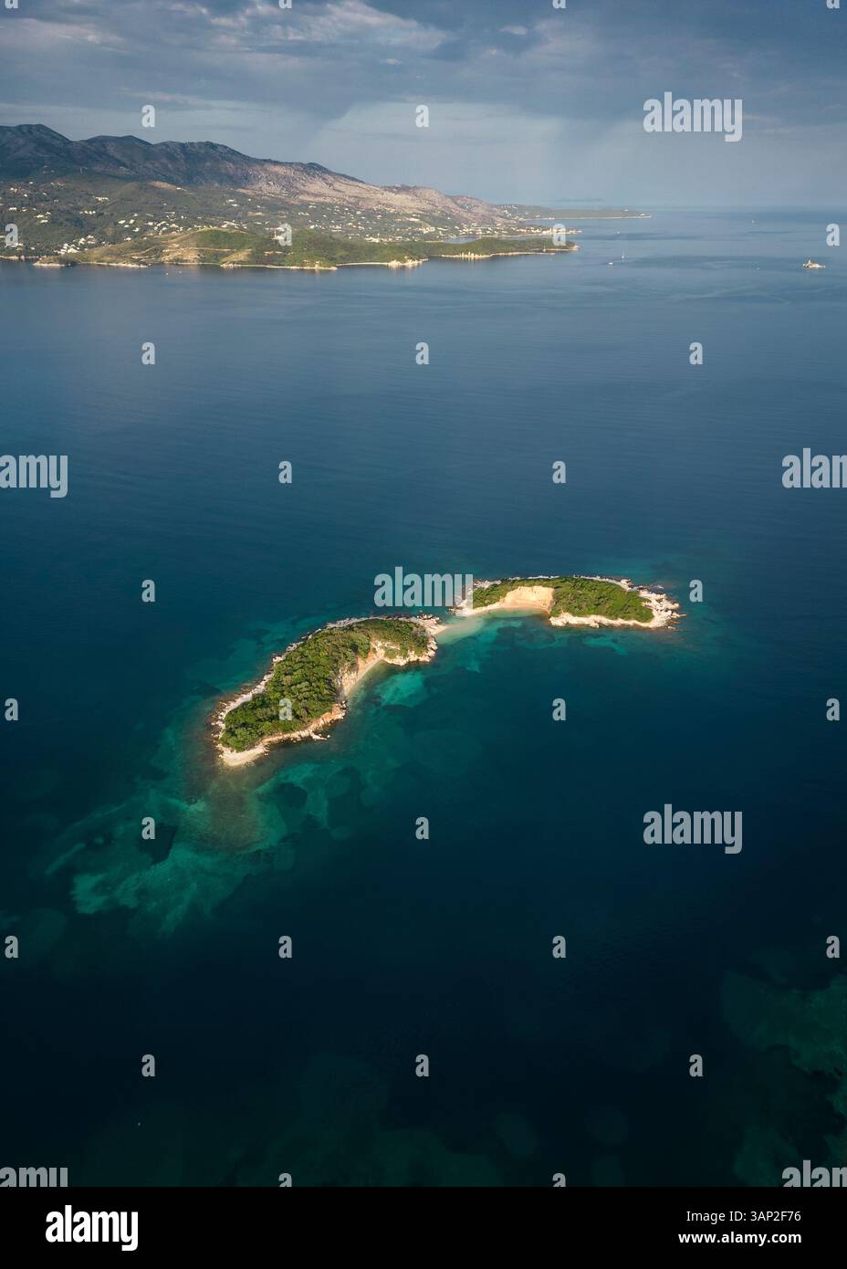Aerial view of Ksamil islands, Albania, with Corfu island in background ...