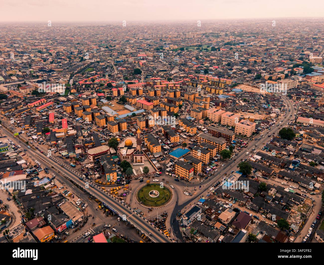 Aerial view of bustling urban cityscape with crowded buildings and roads, Lagos, Nigeria Stock ...