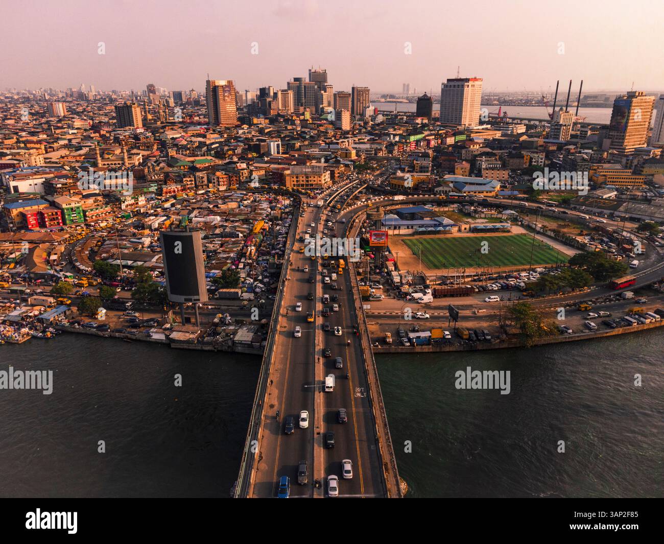 Aerial view of beautiful cityscape with skyscrapers and the lekki ikoyi link bridge, Lagos ...