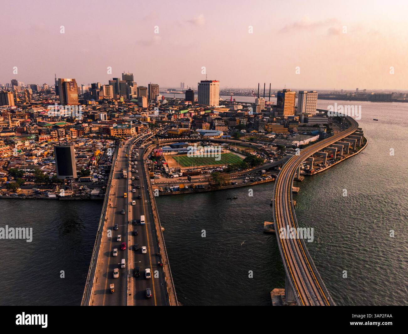 Aerial view of the beautiful skyline with the Lekki Ikoyi Link Bridge and scenic water, Lagos ...