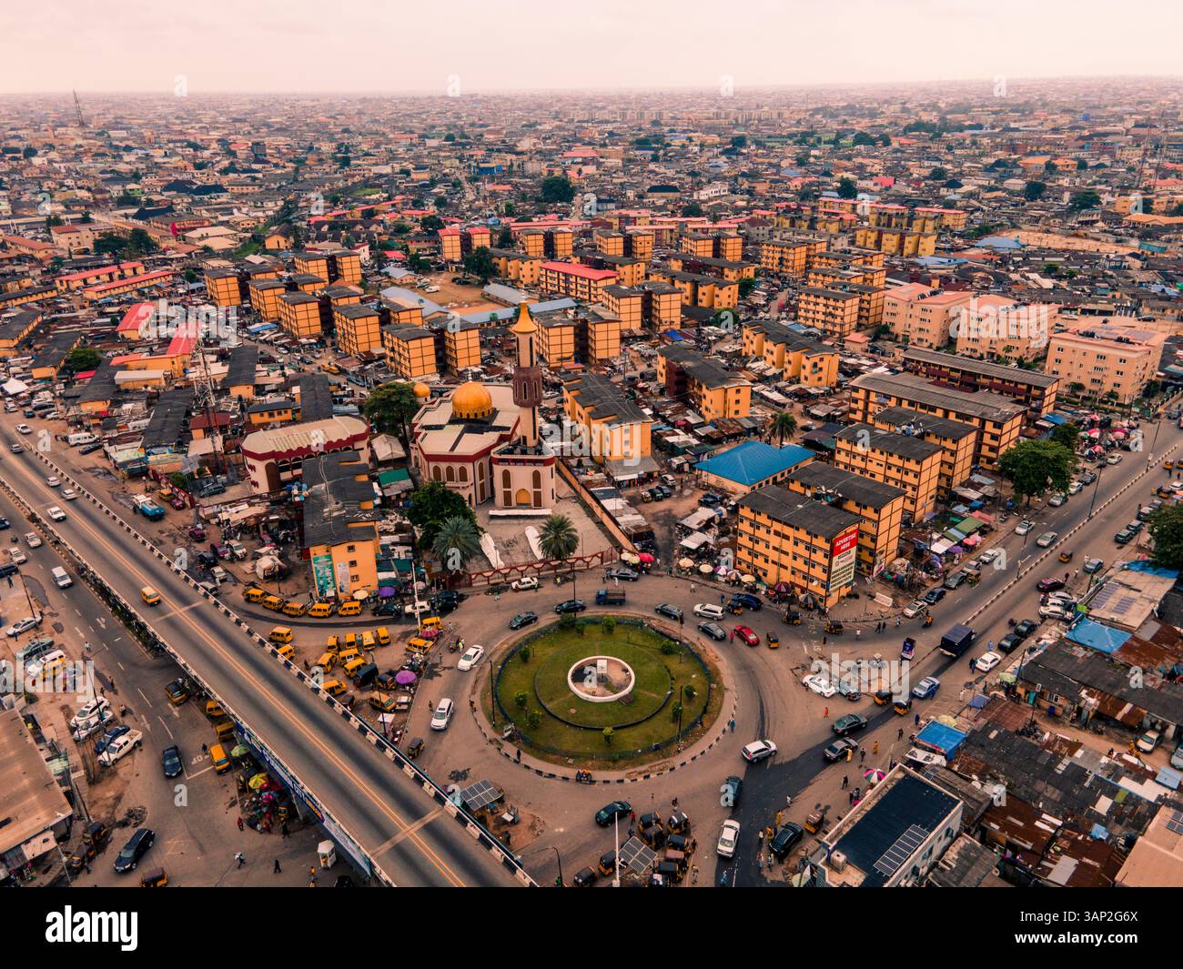 Aerial view of bustling cityscape with modern architecture and busy roads, Lagos, Nigeria Stock ...