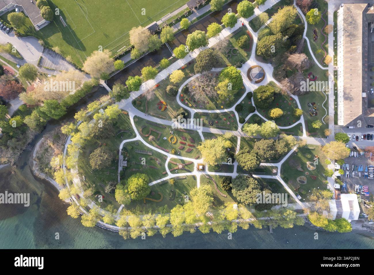 Aerial view of artistic flower composition at Parc de l'Indipendance ...