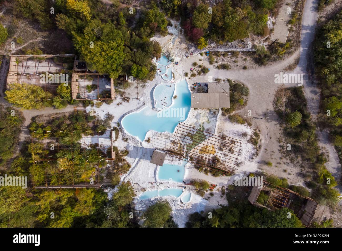 Aerial view of Bagni di San Filippo, a geothermal creek near Siena ...