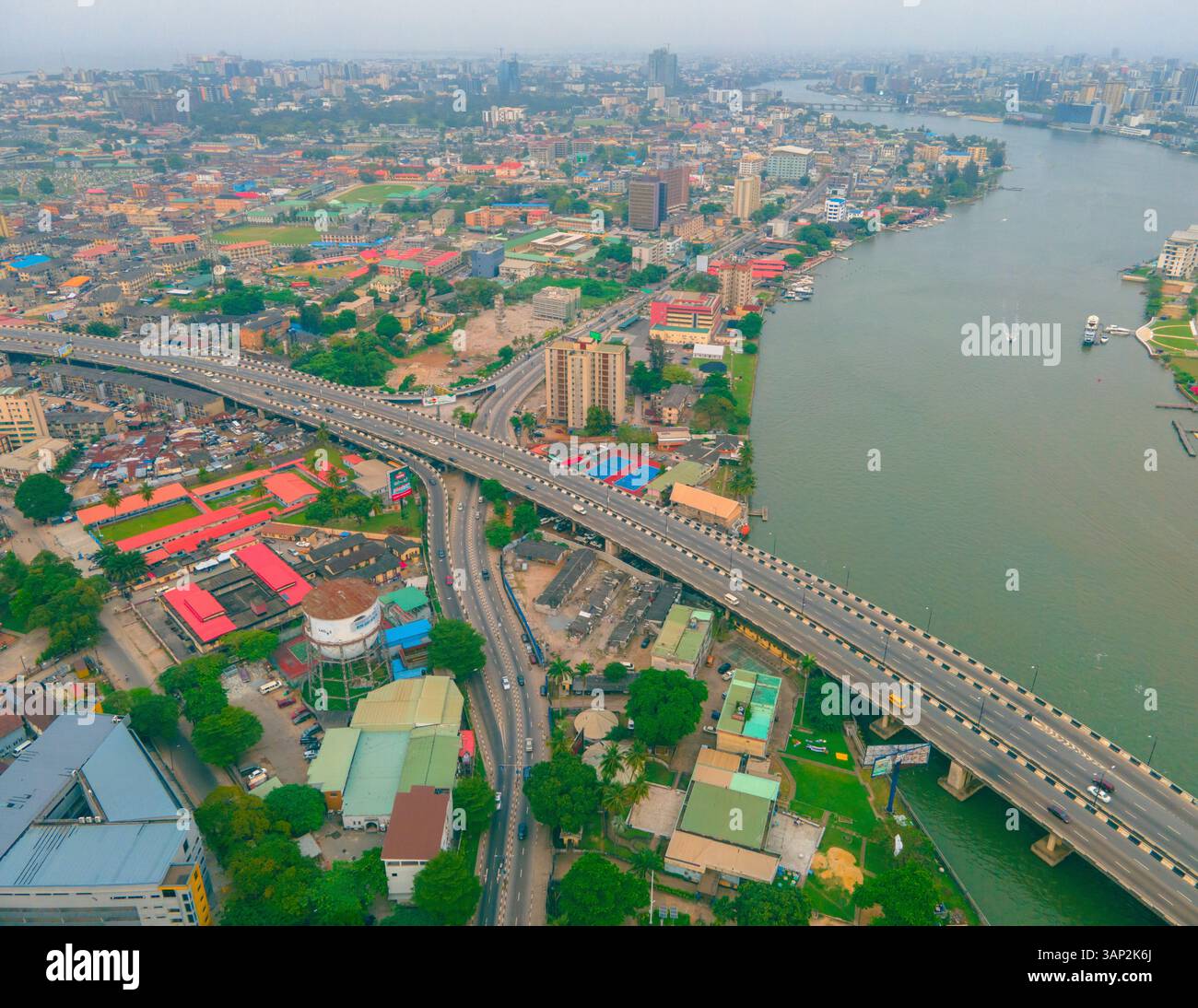 Aerial view of beautiful cityscape with bridge over river and skyline of buildings, Onikan ...