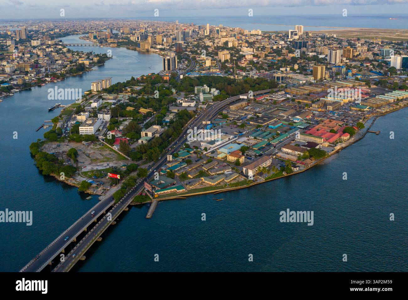 Aerial view of Victoria Island with bridges, trees and high rise buildings, Lagos, Nigeria Stock ...