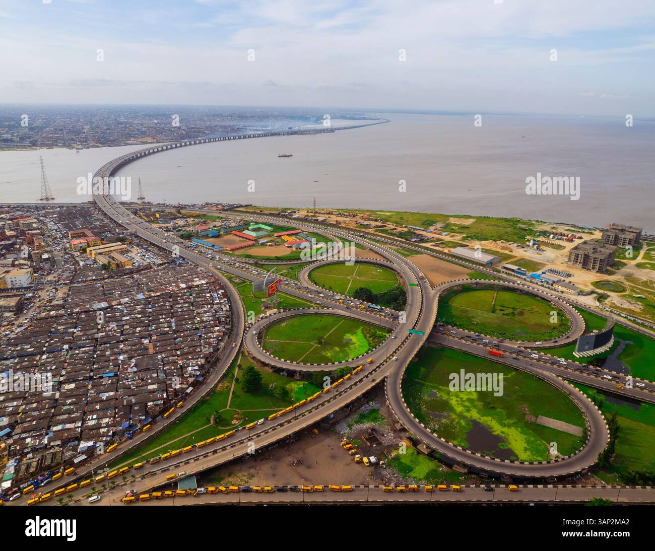 Aerial view of beautiful cityscape with bridges and skyscrapers over water, Lagos, Nigeria Stock ...