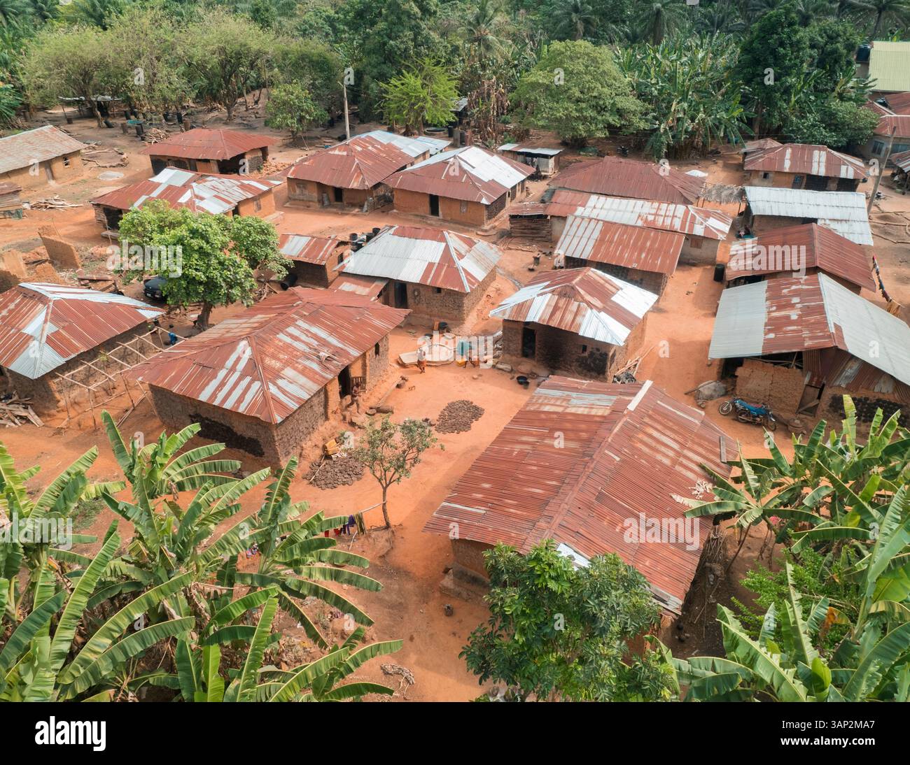 Aerial view of a rustic village with tin roof homes surrounded by ...