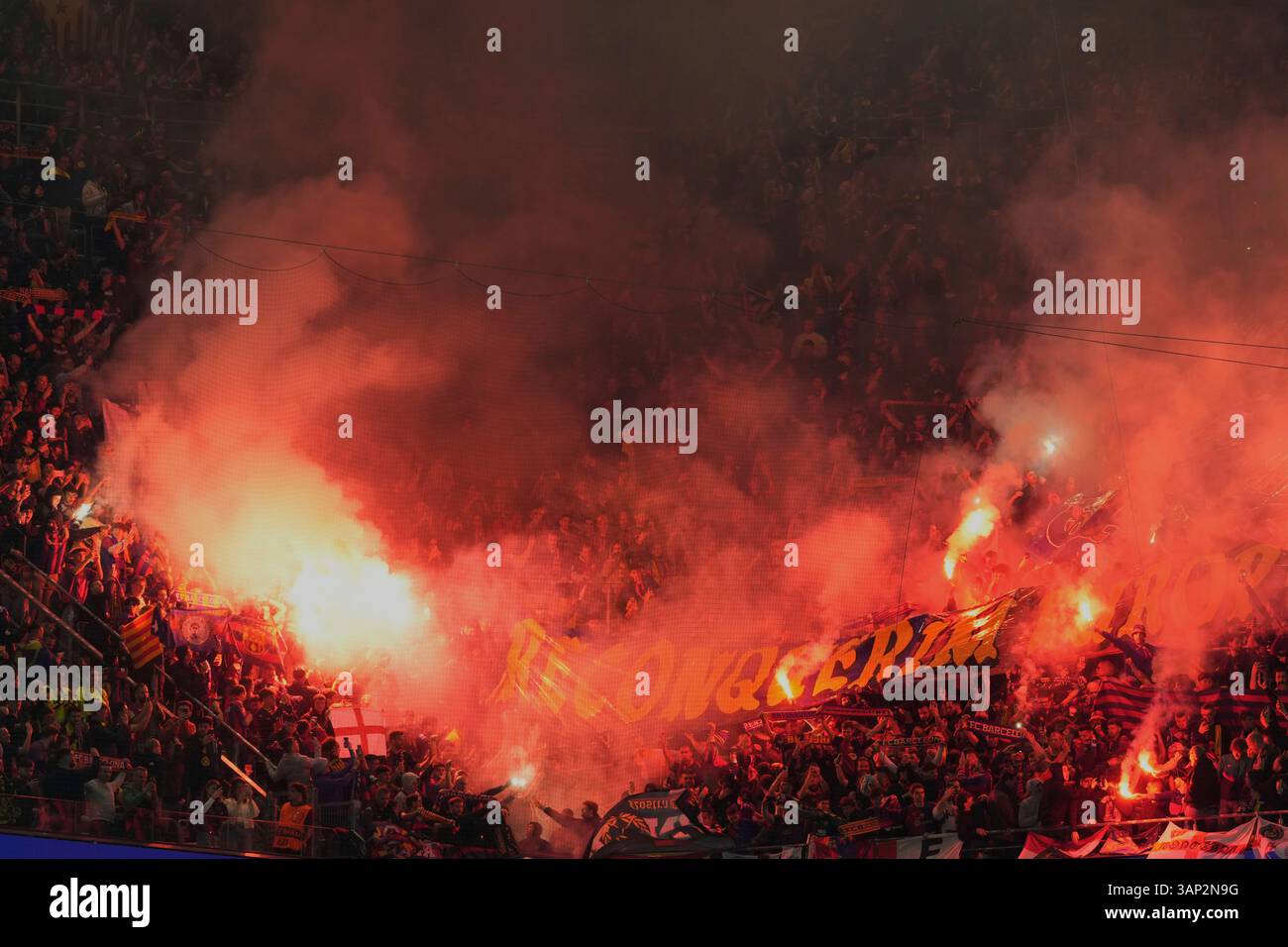 Barcelona fans light up flares prior the Champions League quarterfinals ...