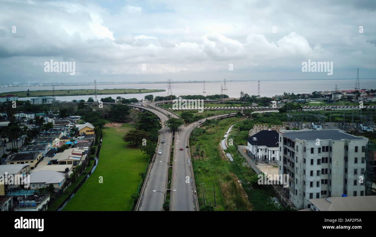 Aerial view of a beautiful urban landscape featuring roads, bridges ...