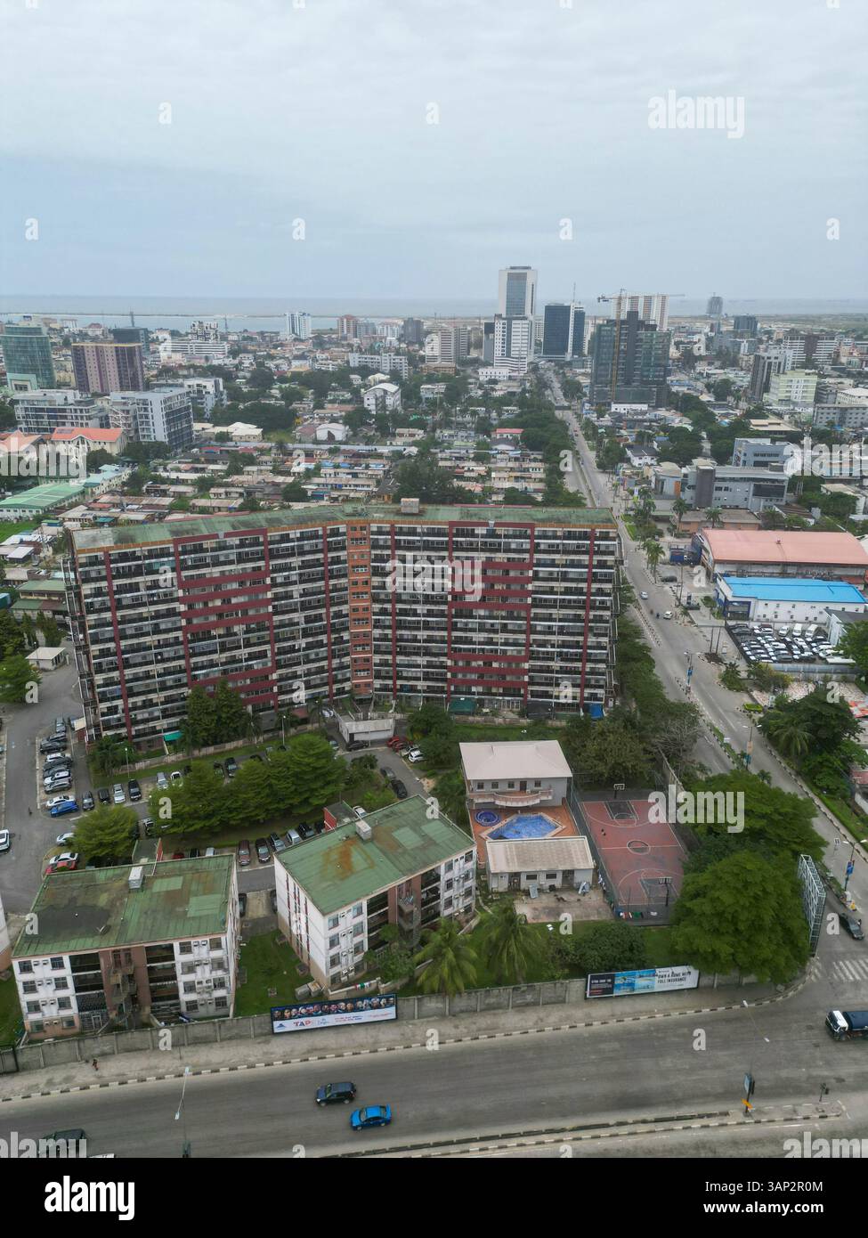 Aerial view of bustling downtown skyline with modern high-rise buildings and busy streets, Lagos ...