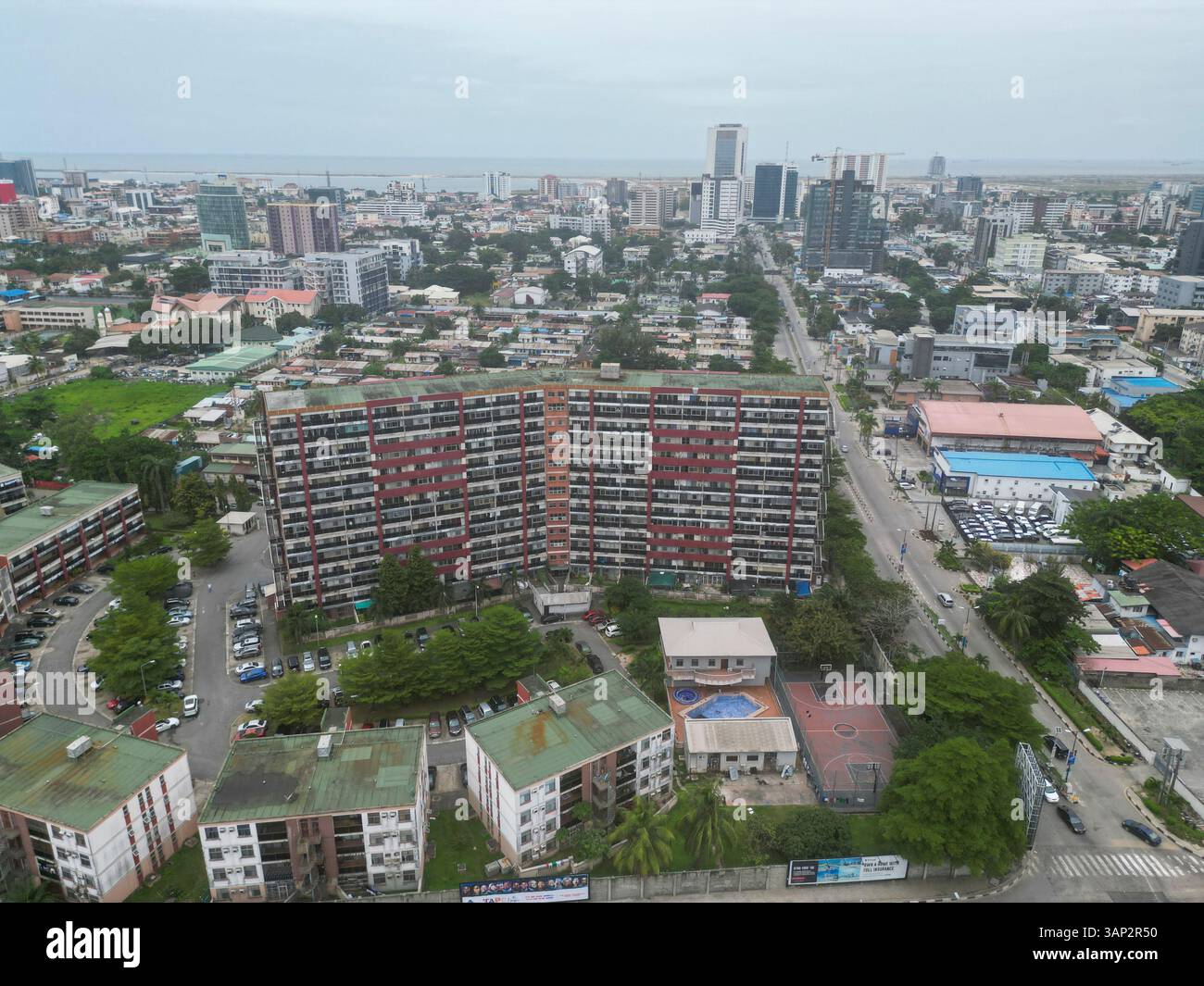 Aerial view of busy urban skyline with modern buildings and roads, Lagos, Nigeria Stock Photo ...