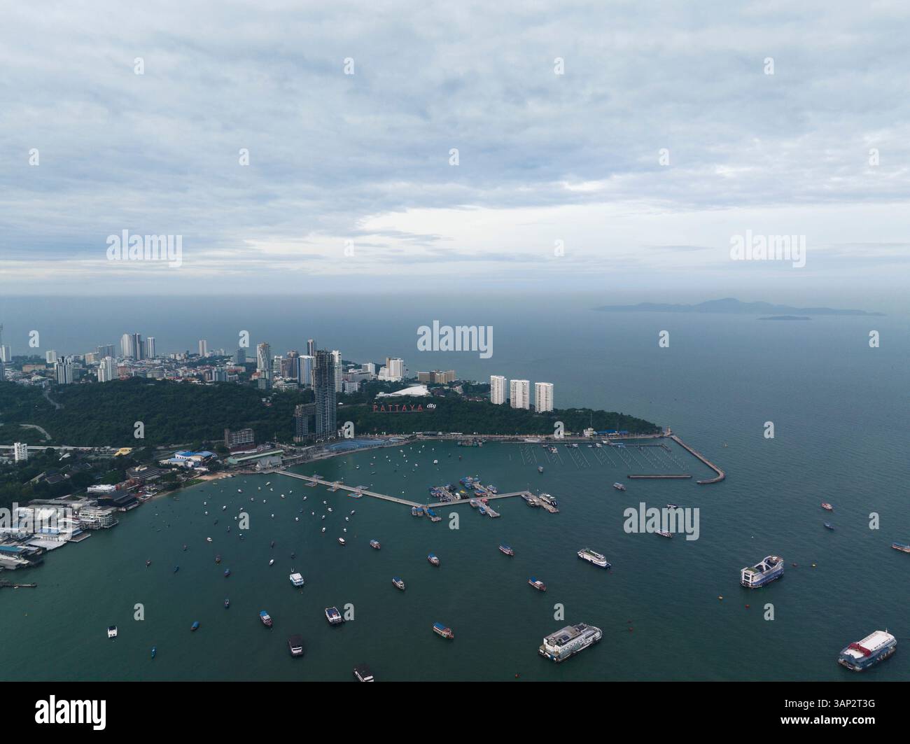 Aerial view of Pattaya Marian and island at sunrise, Chonburi, Thailand ...