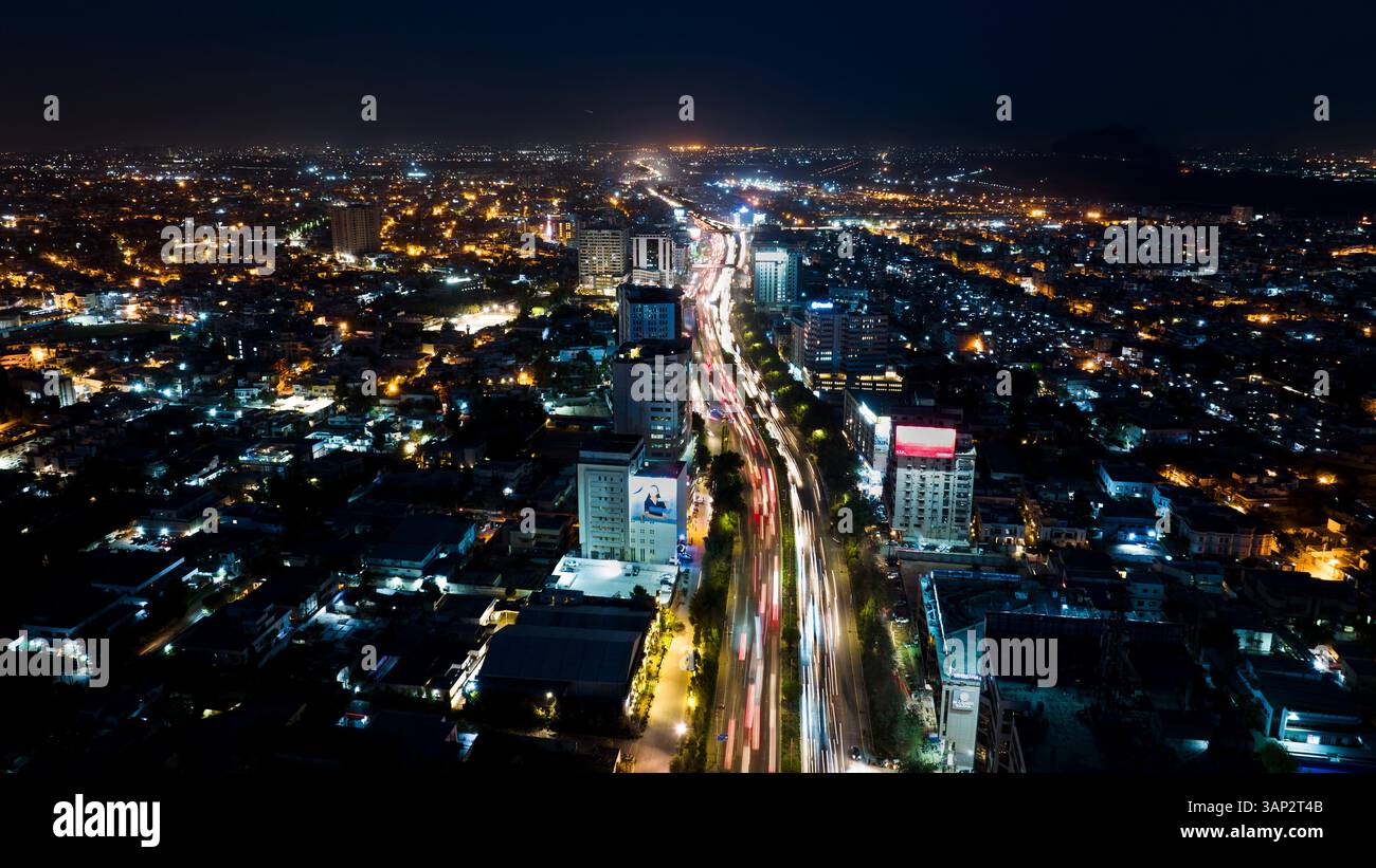 Aerial view of Shahrah-e-Faisal avenue at night, Karachi, Sindh ...