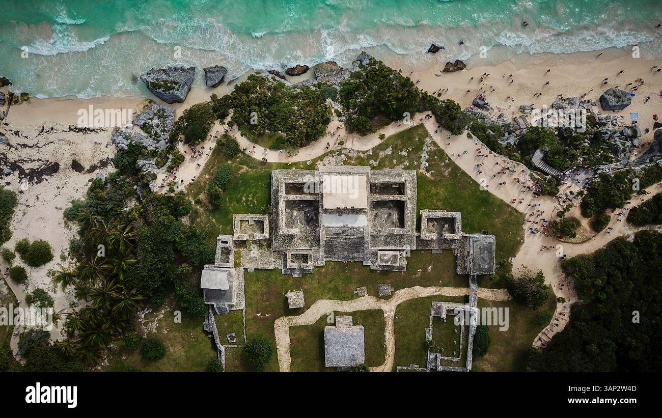 Aerial view of the Tulum ruins castle from right in top, Tulum ...