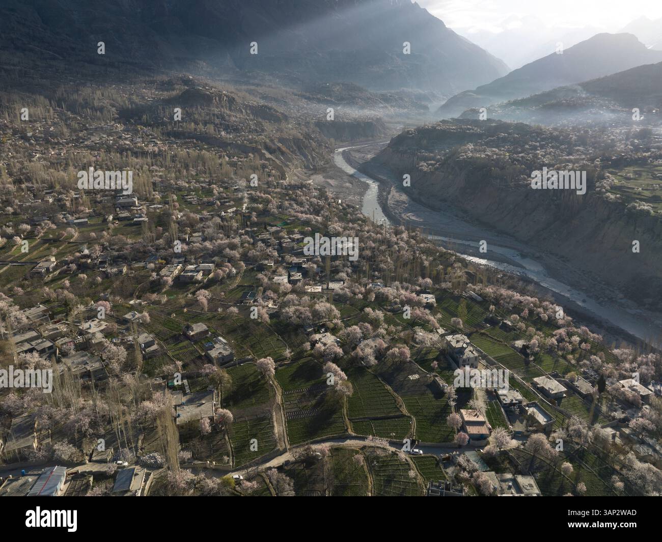 Aerial view of the spring blossom starting in Hunza Valley, Gilgit ...