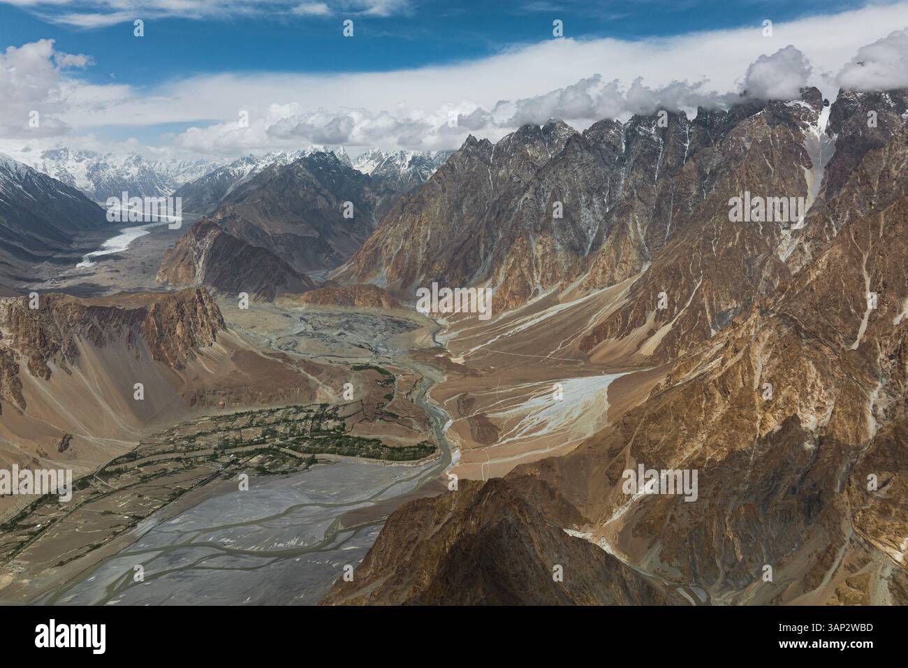 Aerial view of Passu Cathedral, Batura Glacier and VIllage of Passu in ...
