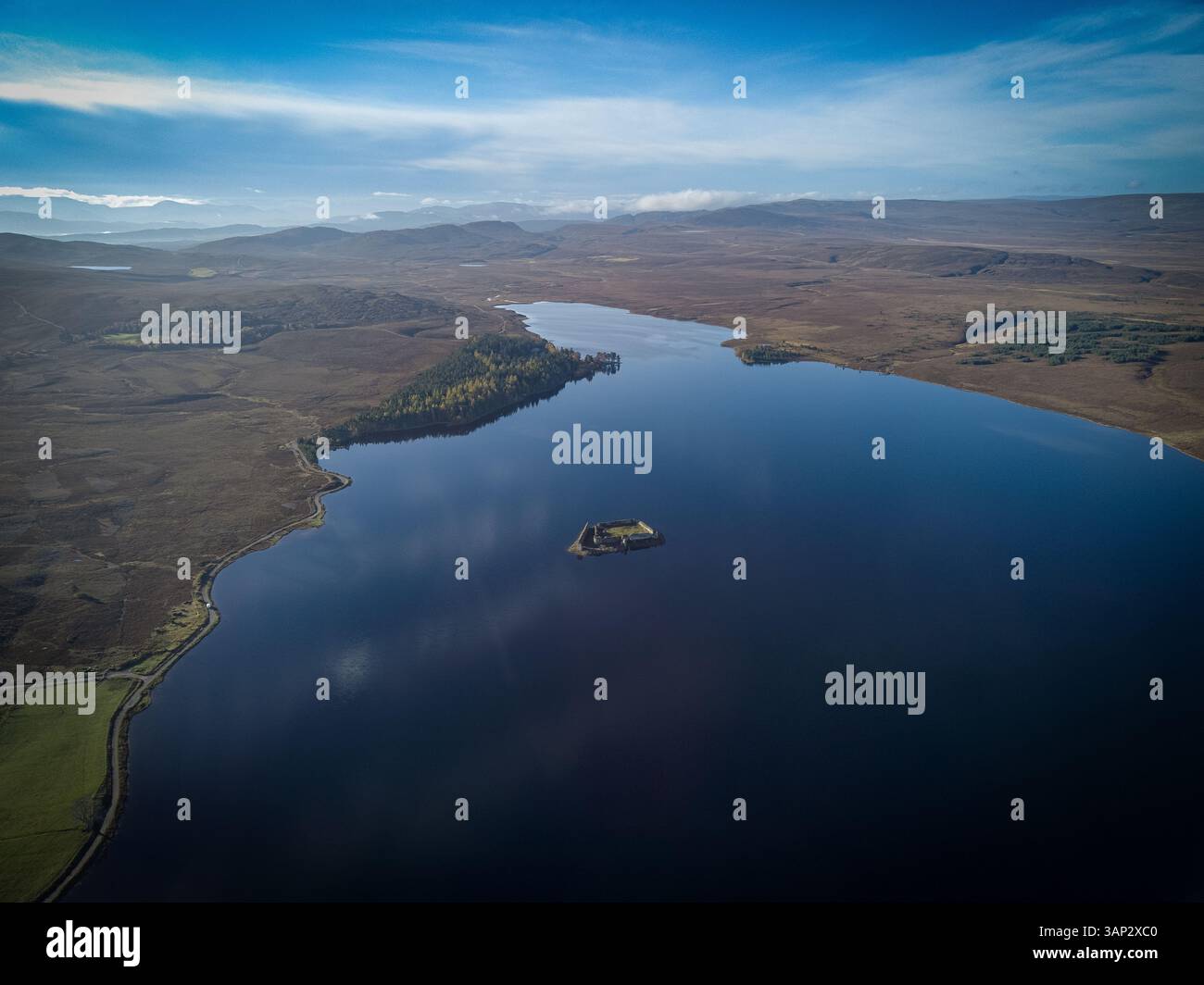 Aerial photo of Lochindorb Castle, Moray, Scotland. Britain Stock Photo ...