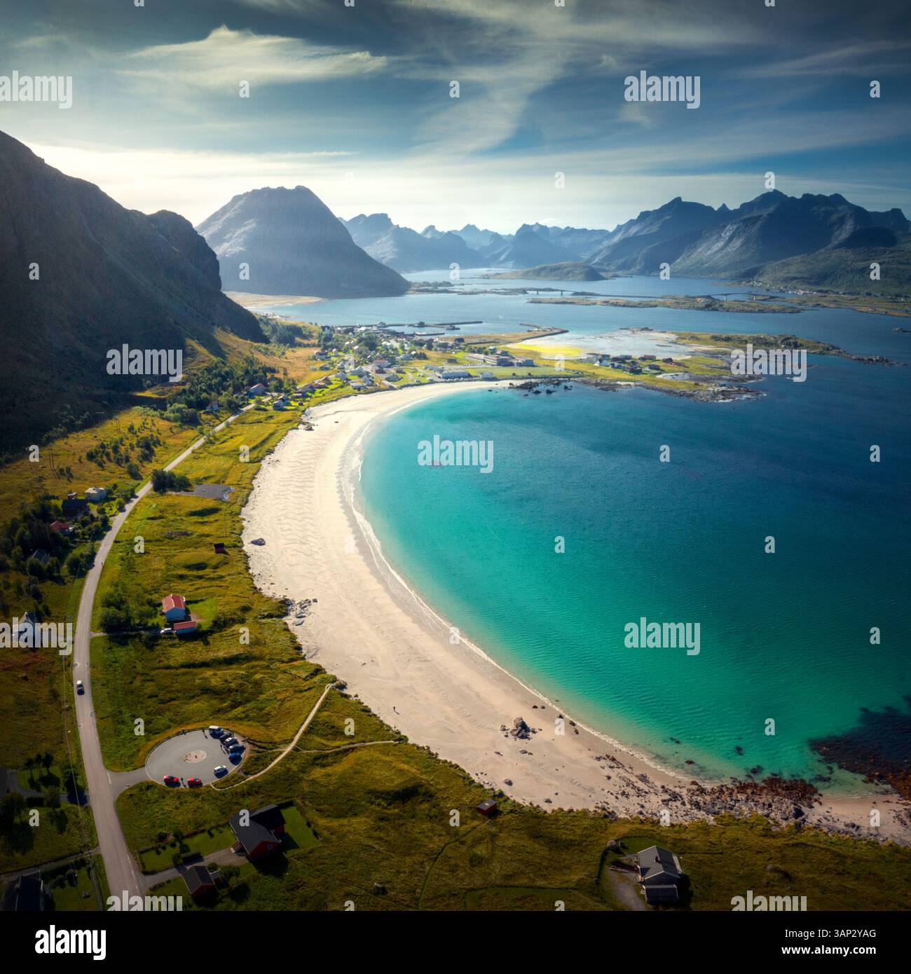 Aerial view of Ramberg beach, Flakstad, Lofoten, Nordland, Norway with ...