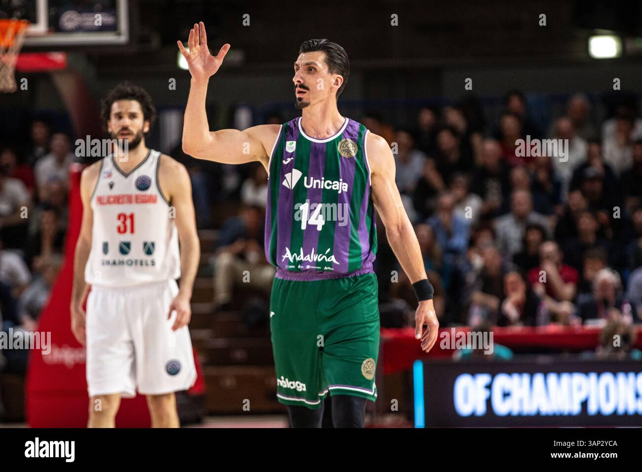 Reggio Emilia, Italy. 15th Apr, 2025. Nihad Djedovic (Unicaja Malaga ...