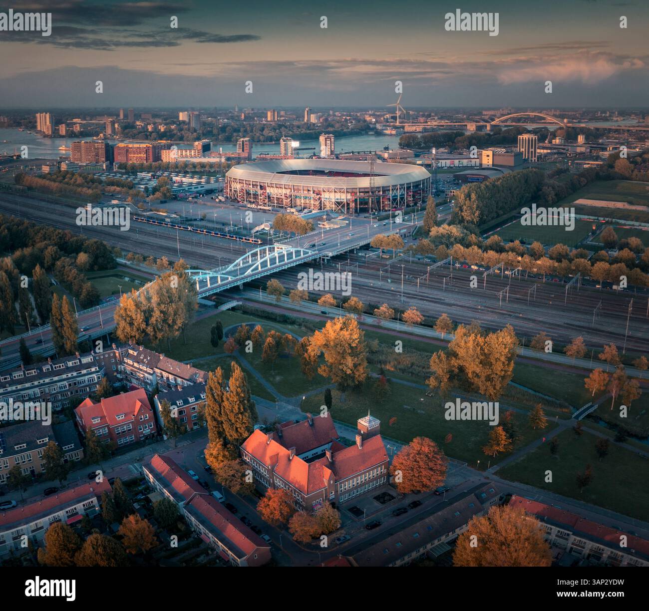 Aerial view of De Kuip soccer stadium at sunset in Rotterdam, The ...